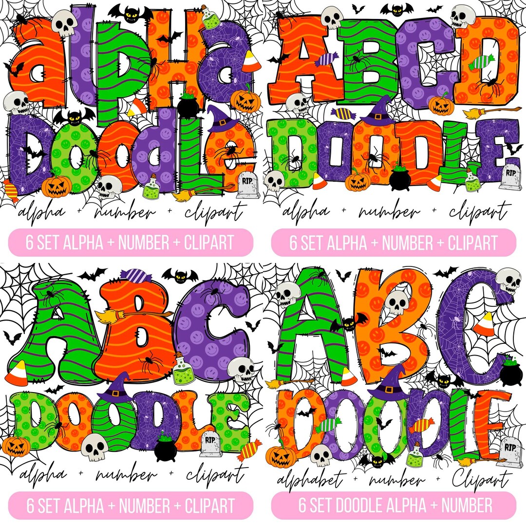 Pack4 Halloween Doodle Alphabet Bundle, Halloween PNG Letters, Numbers ...