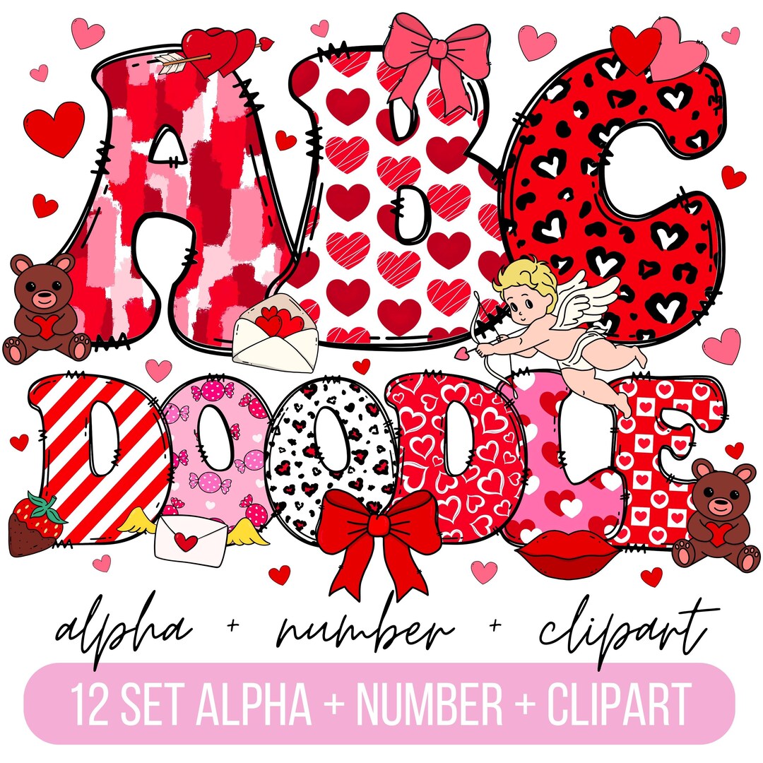 Valentine Doodle Letters V2, Valentines Alphabet PNG, Valentines Day ...