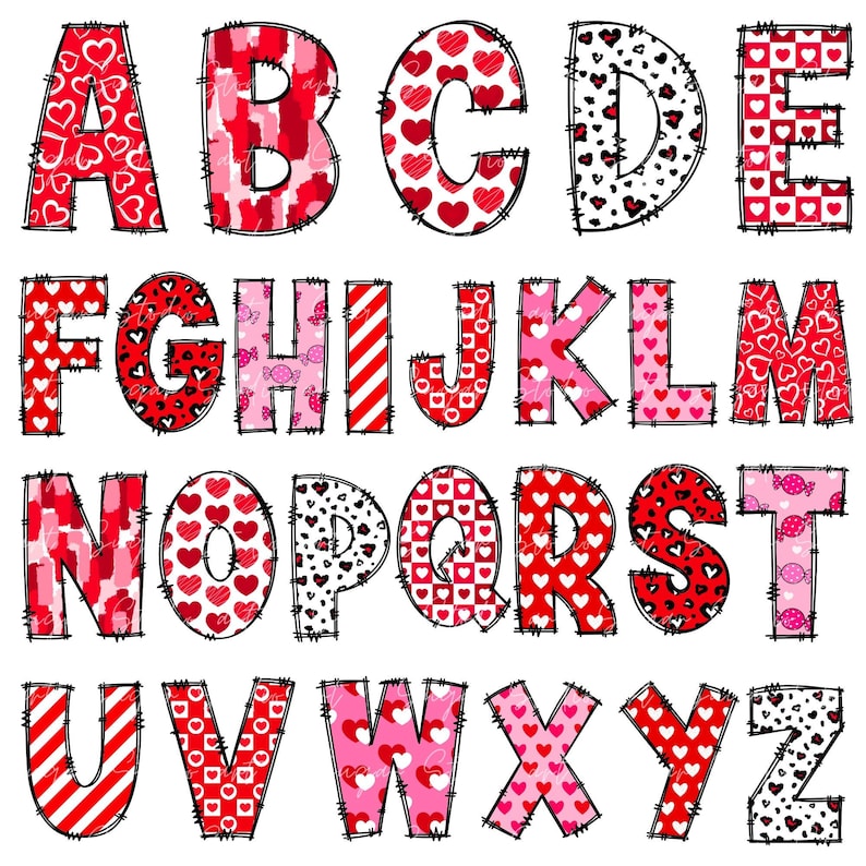 Valentine Doodle Letters V2, Valentines Alphabet PNG, Valentines Day ...