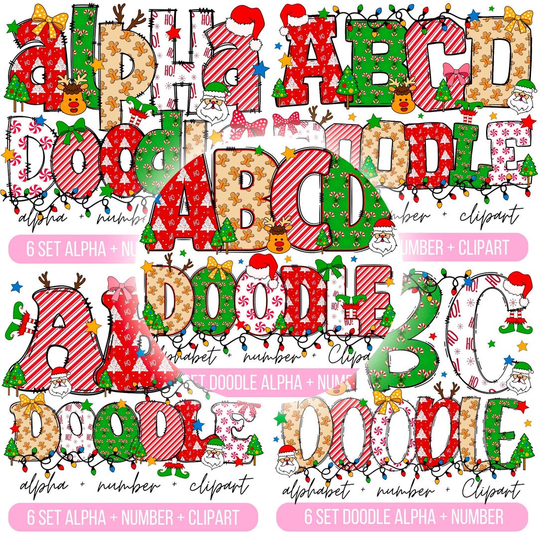 Pack5 Christmas Doodle Alphabet Bundle, Christmas PNG Letters, Numbers ...
