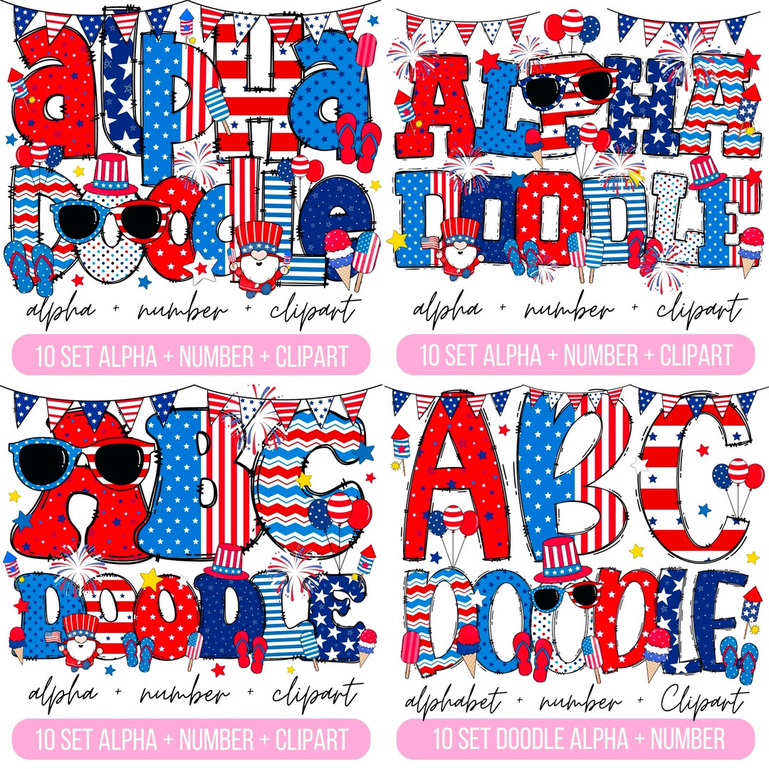 Patriotic Doodle Alphabet Bundle, 4th of July Clipart PNG, Numbers ...