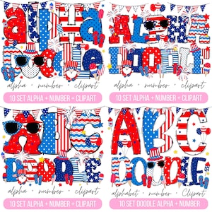Patriotic Doodle Alphabet Bundle, 4th of July Clipart PNG, Numbers ...