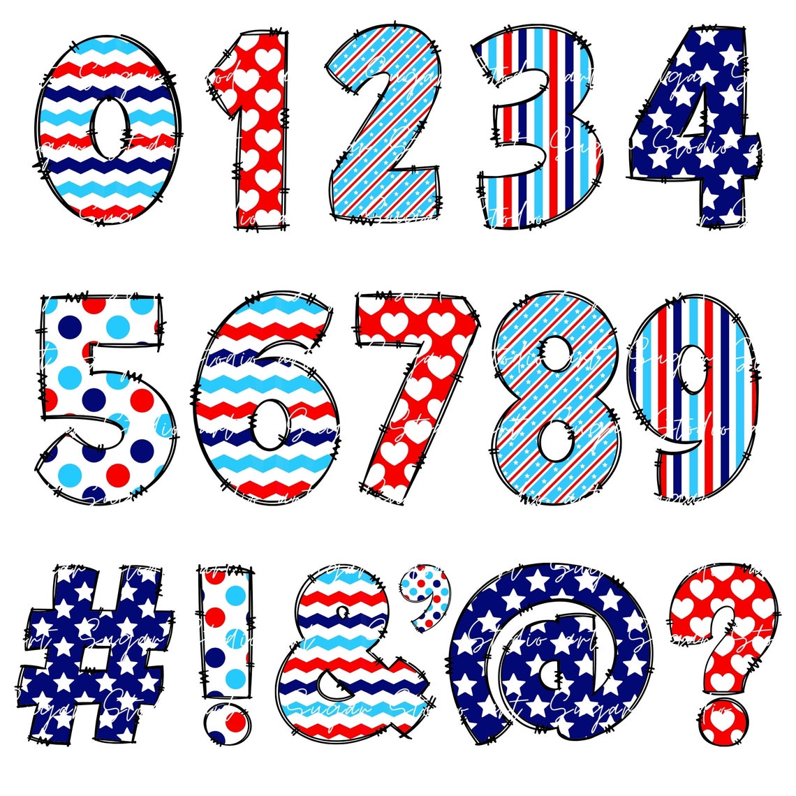 Patriotic Doodle Alphabet Bundle, 4th of July PNG Letters, Numbers ...