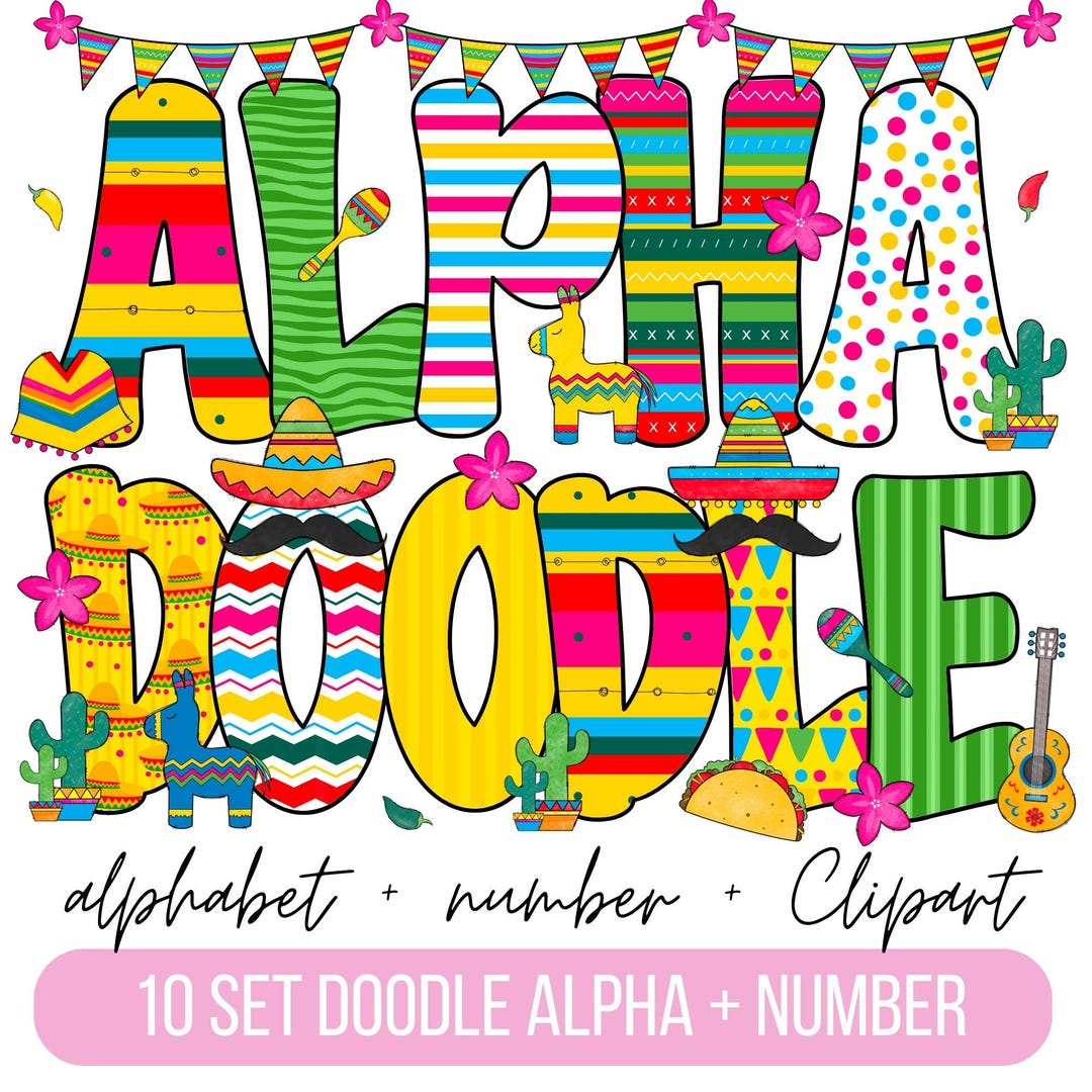 Preppy Fiesta Doodle Alphabet Bundle, Fiesta PNG Letters, Numbers ...