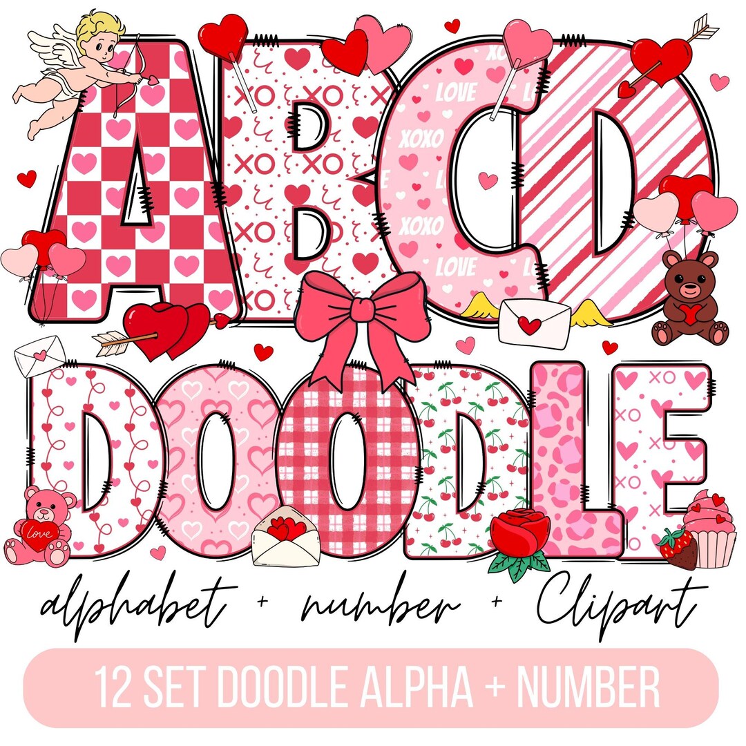 Valentine Doodle Letters V3, Valentines Alphabet PNG, Valentines Day ...
