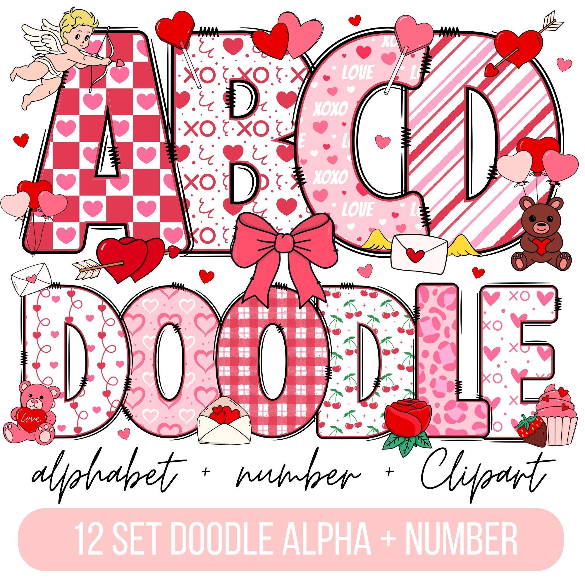 Valentine Doodle Letters V3, Valentines Alphabet PNG, Valentines Day ...