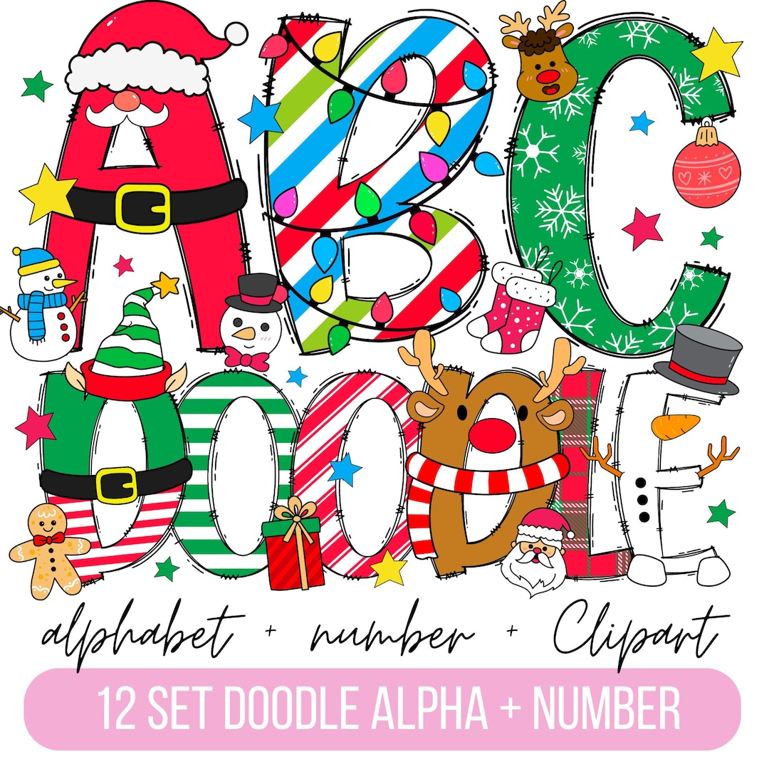Christmas Doodle Alphabet Bundle, Santa PNG Letters, Numbers ...
