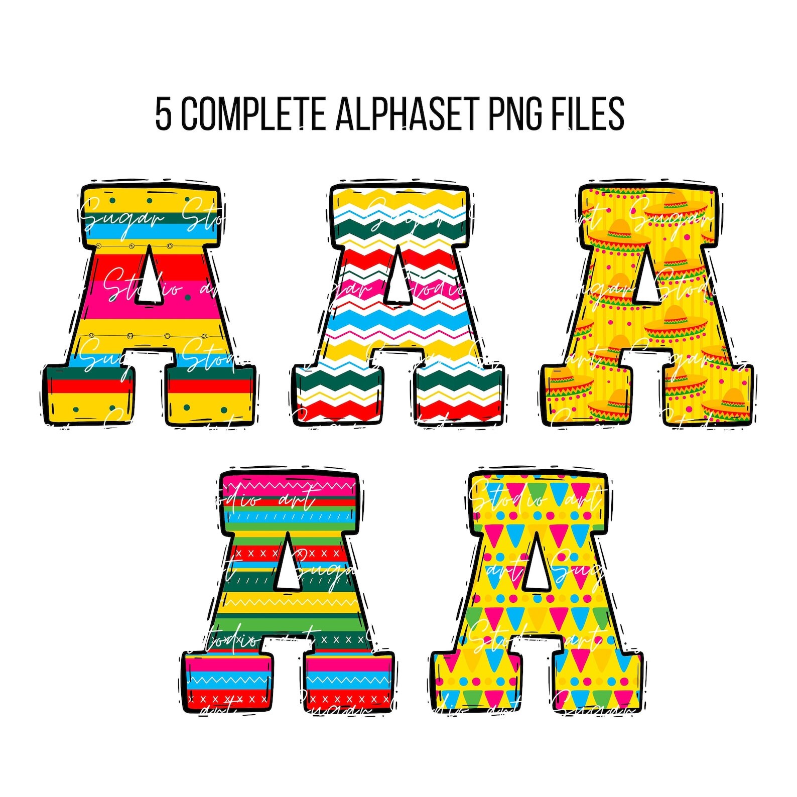 Pack 4 Fiesta Doodle Alphabet Bundle, Fiesta PNG Letters, Numbers ...