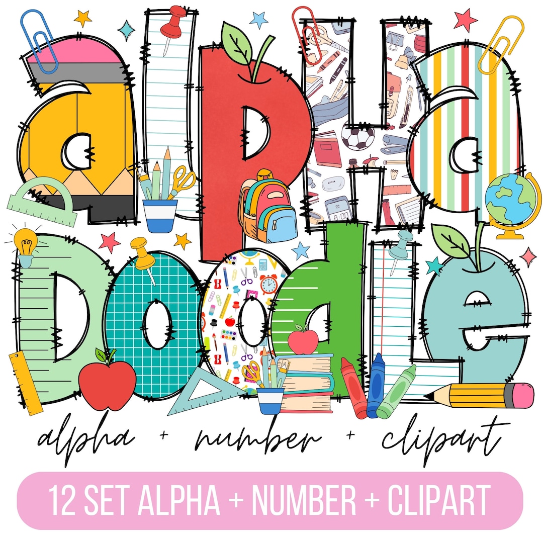 School Teacher Doodle Alphabet Bundle, Teacher PNG Letters, Numbers ...