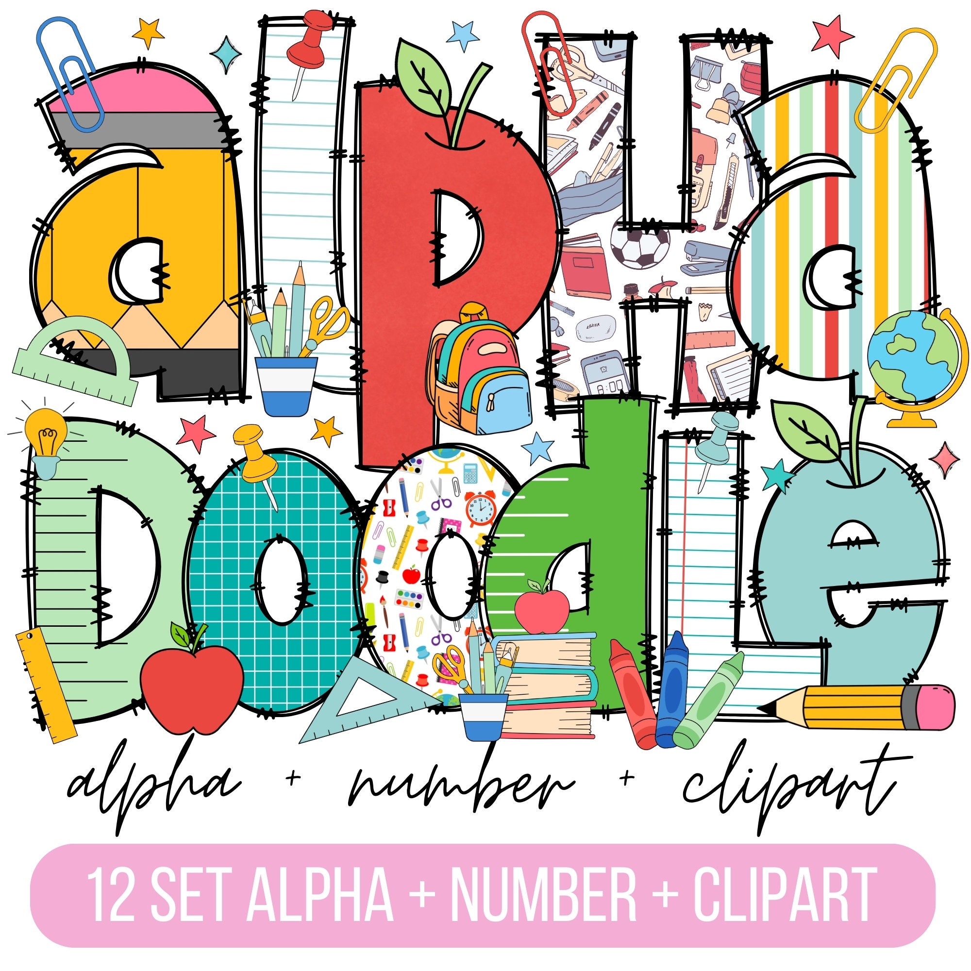 School Teacher Doodle Alphabet Bundle, Teacher PNG Letters, Numbers ...