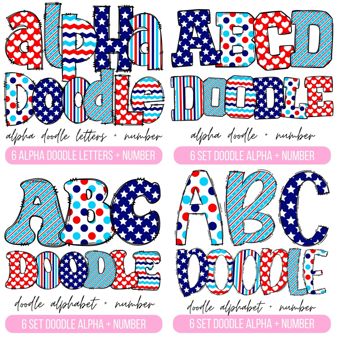Patriotic Doodle Alphabet Bundle, 4th of July PNG Letters, Numbers ...