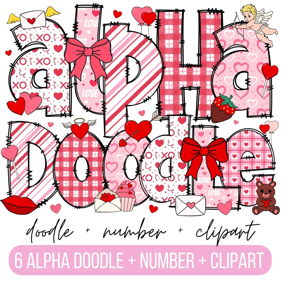 Valentine Doodle Letters V3, Valentines Alphabet PNG, Valentines Day ...