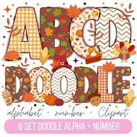Fall PNG Doodle Alphabet Pack, 6 Sets, Leopard Print, Gingham Plaid ...