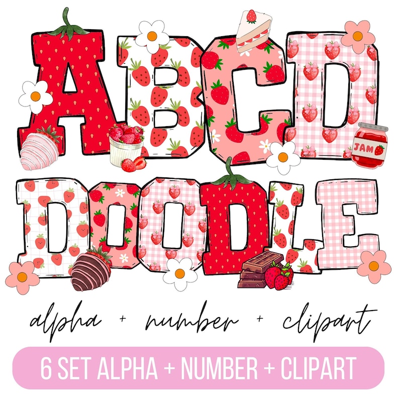 Strawberry Doodle Alphabet Bundle, Summer Fruits PNG Letters, Numbers ...