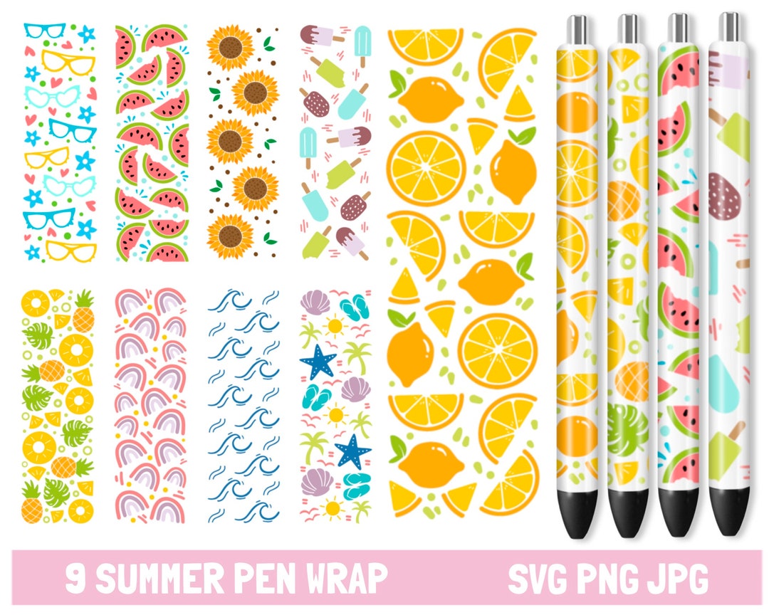 9 Summer Pen Wrap Bundle, Pen Wraps Svg, Summer Svg, Fruit Pen Svg ...