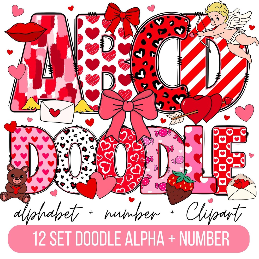 Valentine Doodle Letters V2, Valentines Alphabet PNG, Valentines Day ...