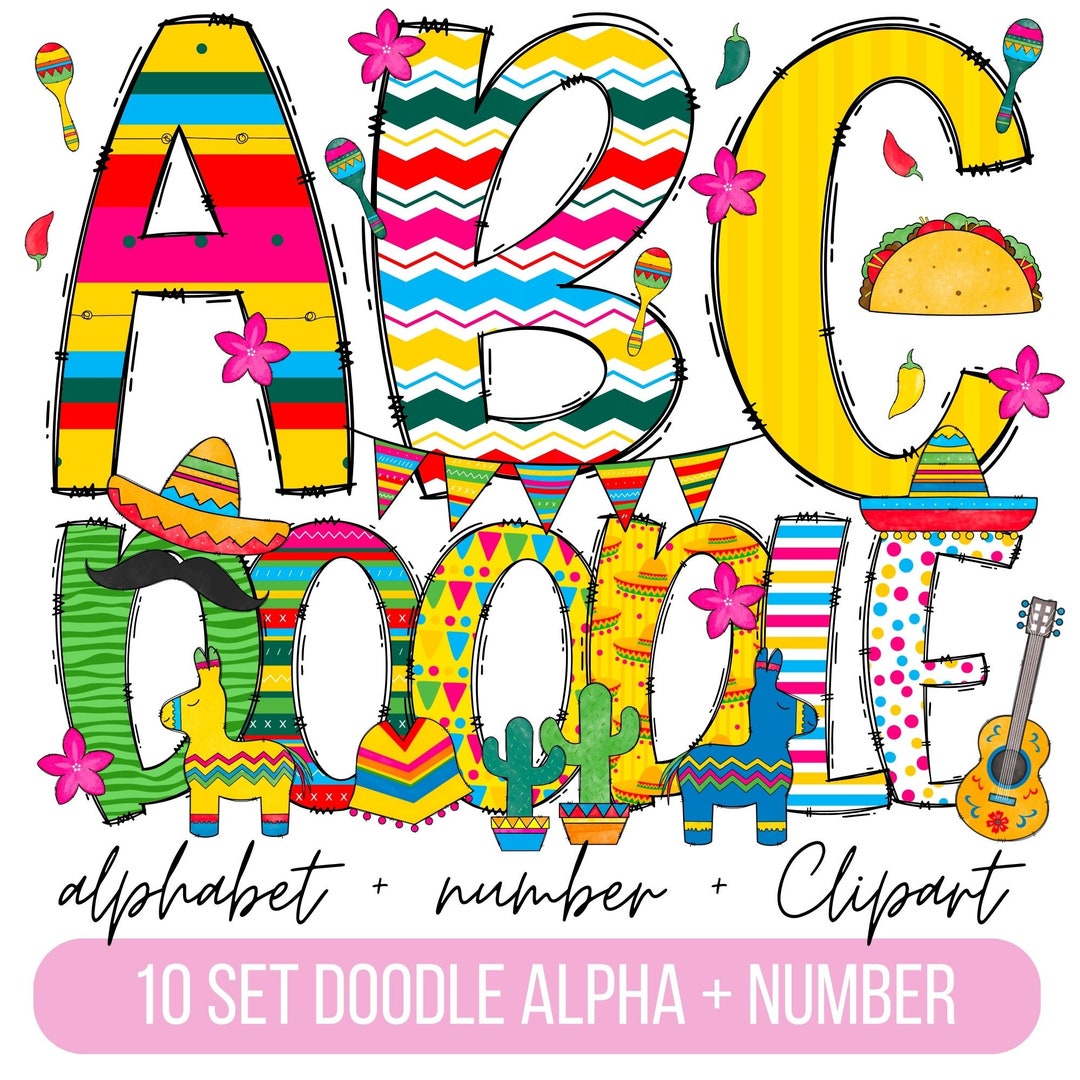 Fiesta Doodle Alphabet Bundle, Fiesta PNG Letters, Numbers ...