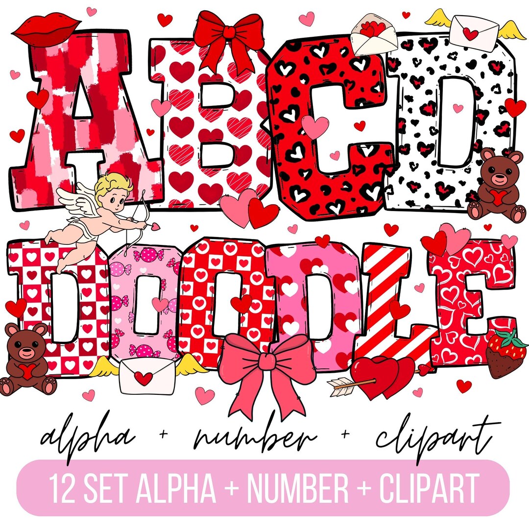 Valentine Doodle Letters V2, Valentines Alphabet PNG, Valentines Day ...