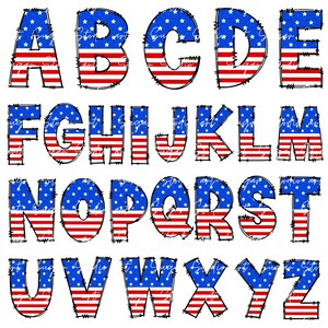 American Flag Glitter Doodle Alphabet, Patriotic Doodle Letters, 4th of ...