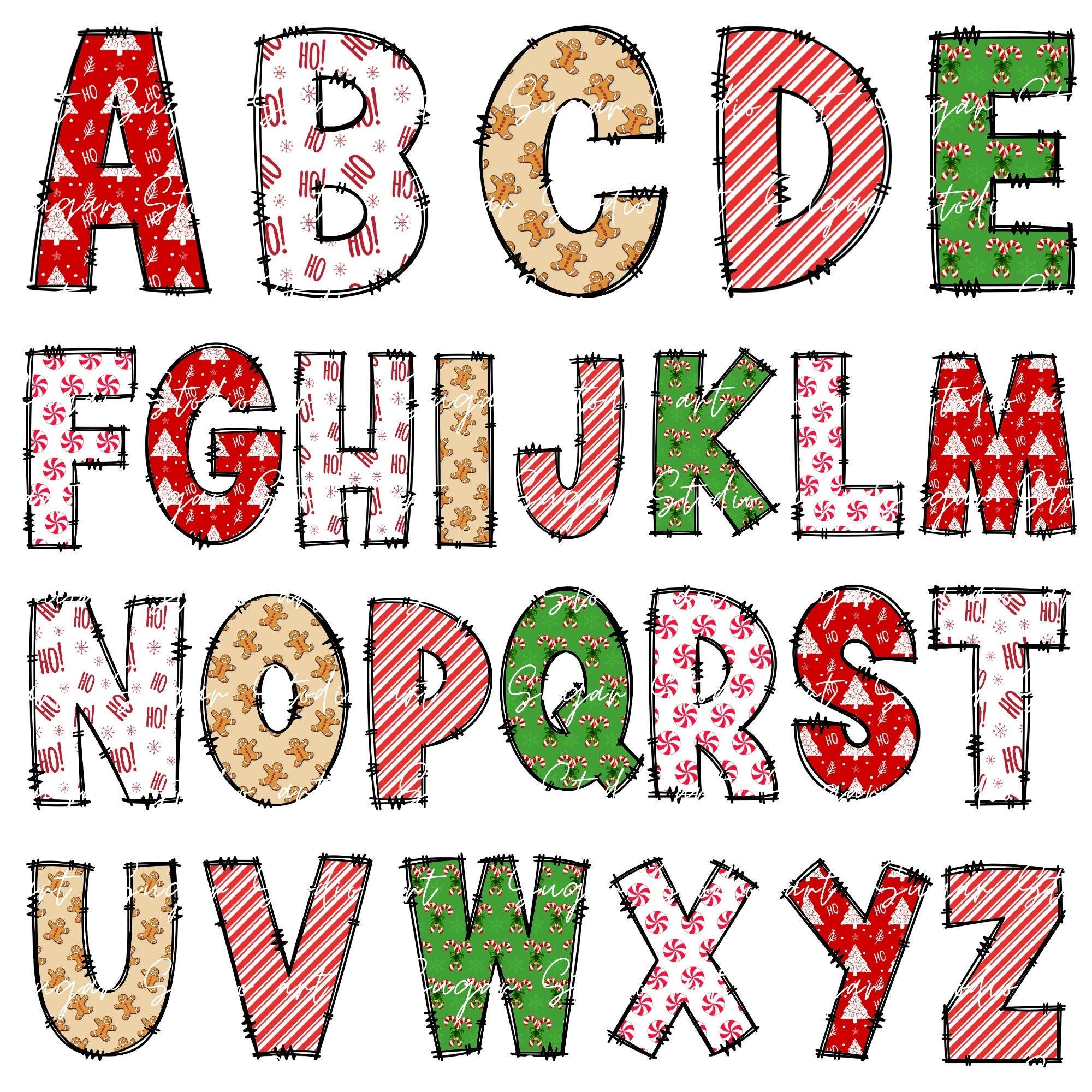Christmas Doodle Letters, Christmas Alphabet PNG, Christmas Letters ...