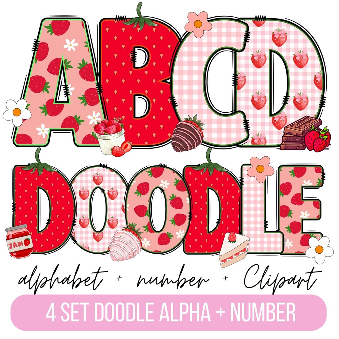 Strawberry Doodle Alphabet Bundle, Summer Fruits PNG Letters, Numbers ...