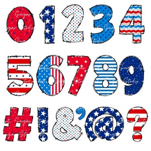 Patriotic Doodle Alphabet Bundle, 4th of July PNG Letters, Numbers ...