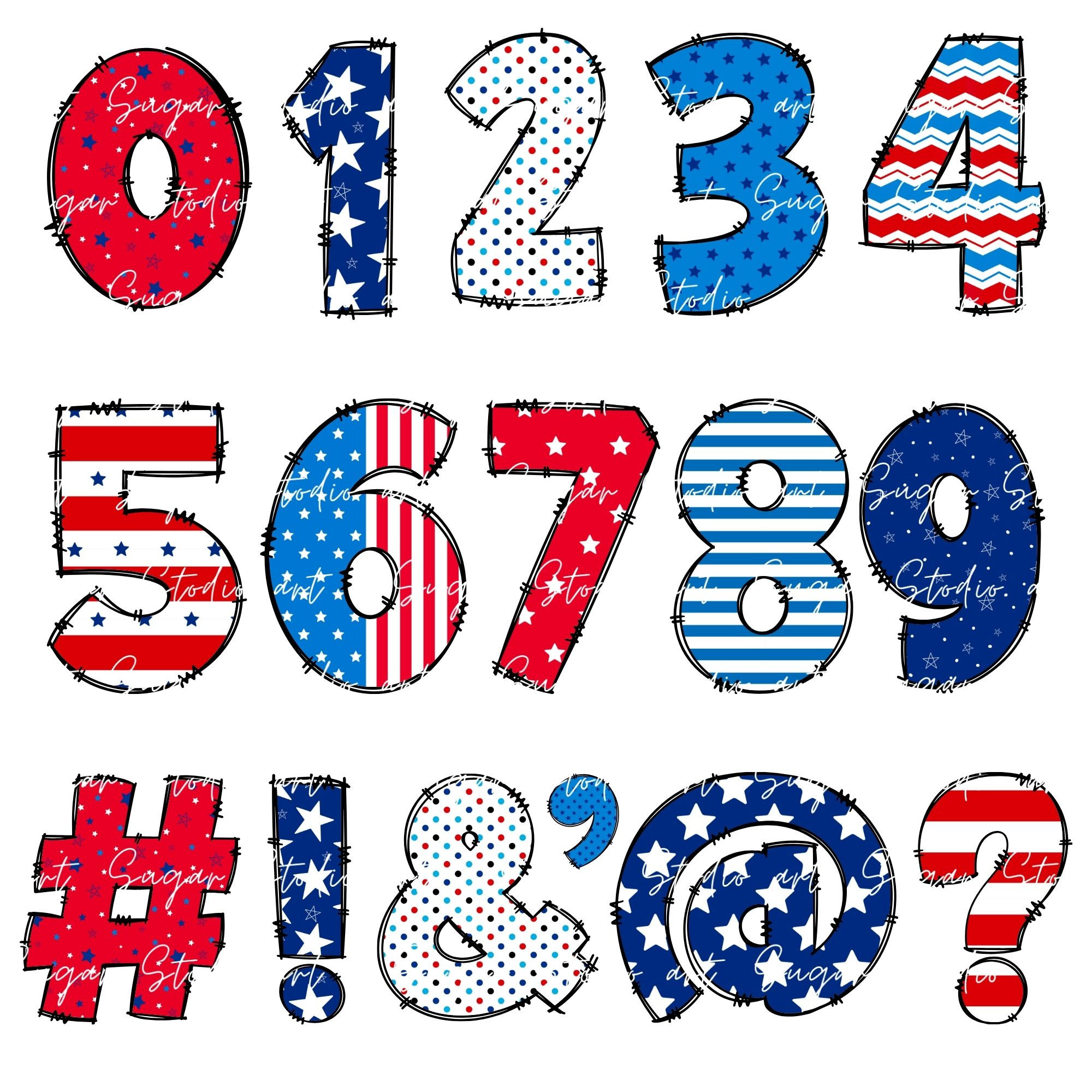 Patriotic Doodle Alphabet Bundle, 4th of July PNG Letters, Numbers ...