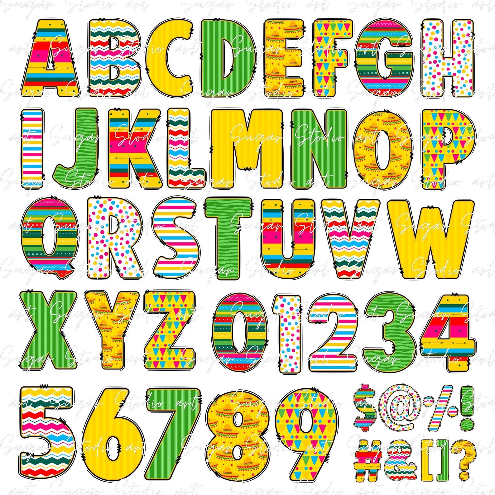 Fiesta Doodle Alphabet Bundle, Fiesta PNG Letters, Numbers ...