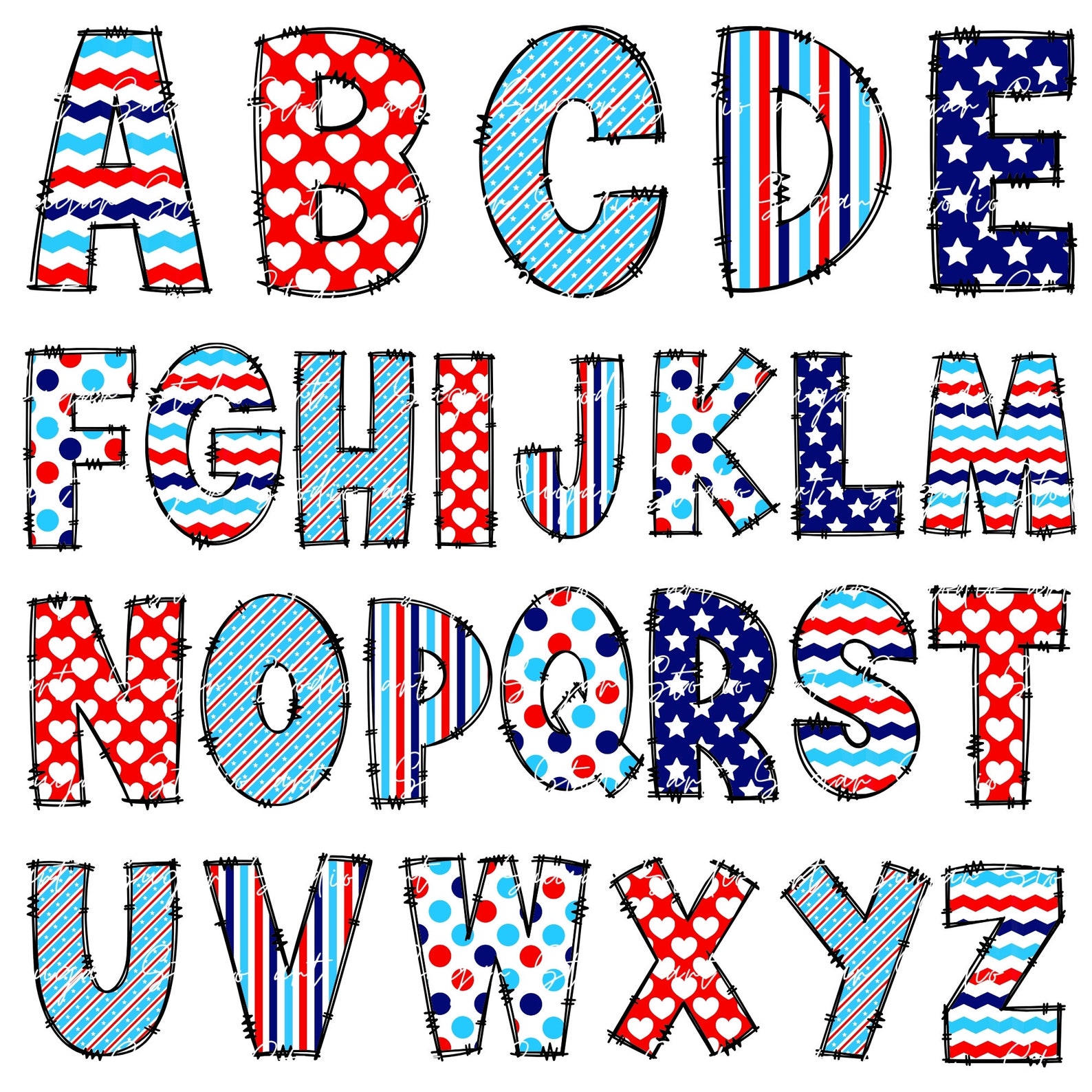 Patriotic Doodle Alphabet Bundle, 4th of July PNG Letters, Numbers ...