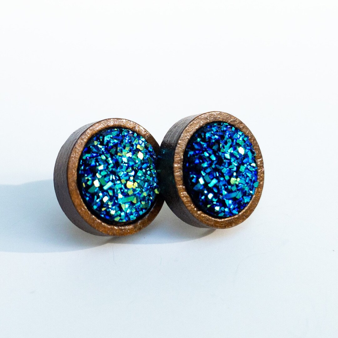Deep Navy Glitter Druzy Wood Studs Bohemian Earrings Wood Stud Earrings ...