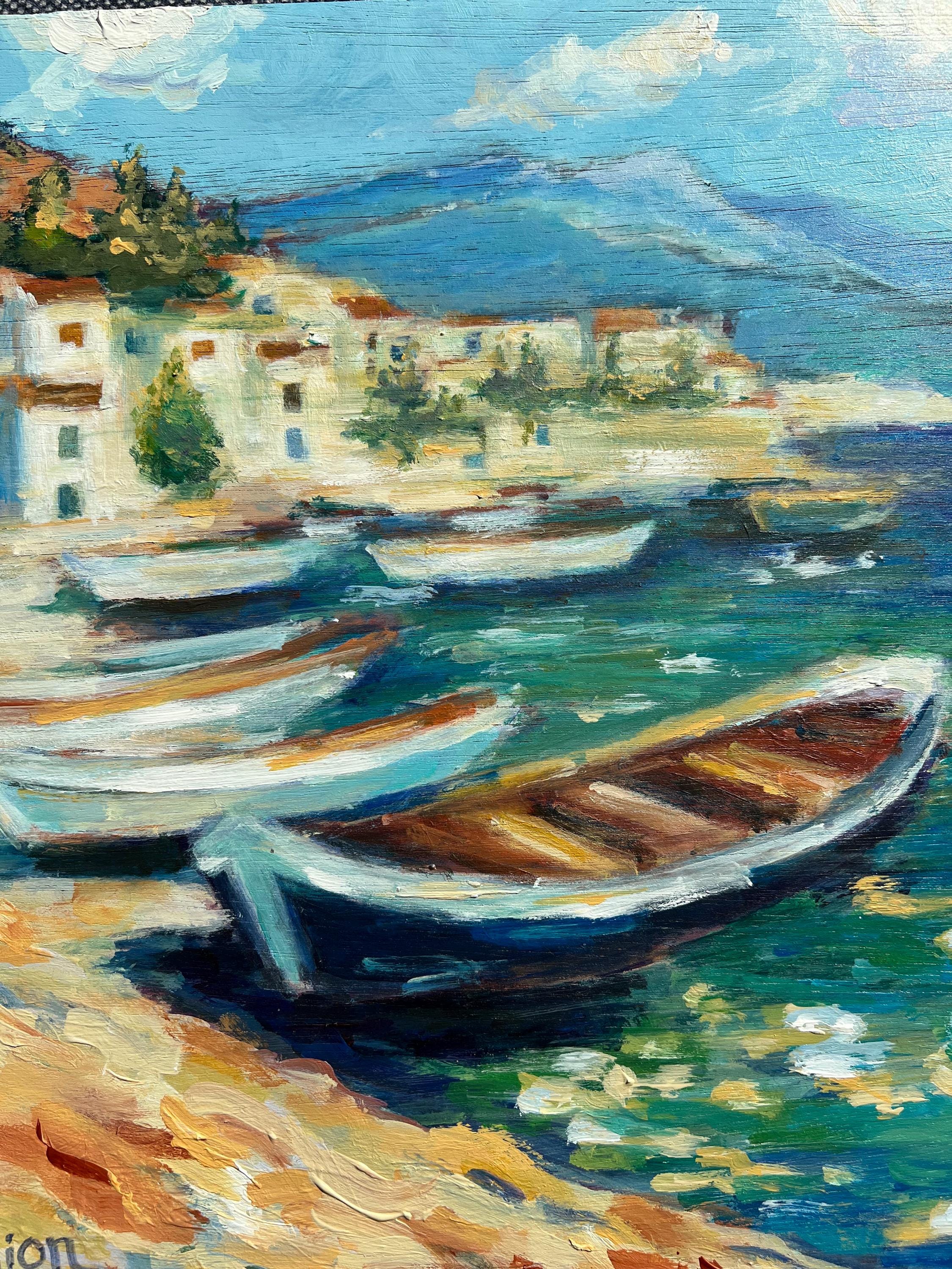 Mediterranean Seascape Painting: Boats in Greece, Acrylic on Wood ...