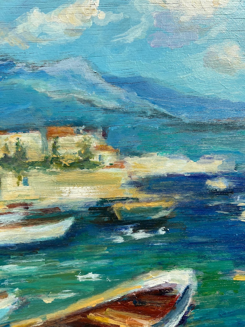 Mediterranean Seascape Painting: Boats in Greece, Acrylic on Wood ...