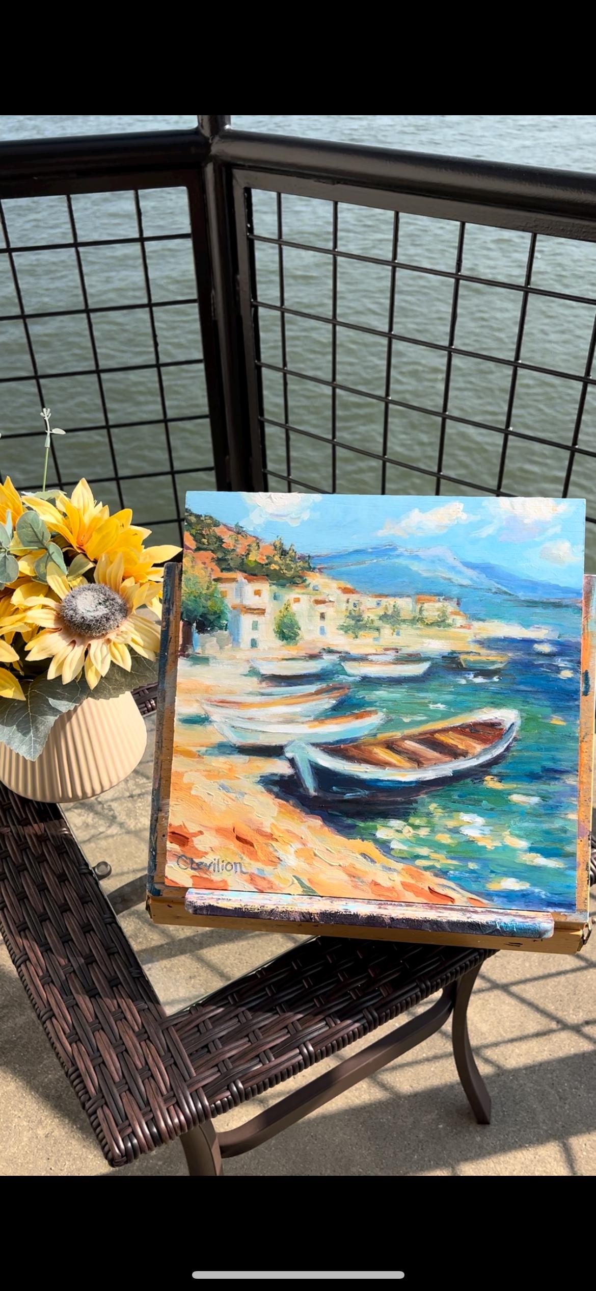 Mediterranean Seascape Painting: Boats in Greece, Acrylic on Wood ...