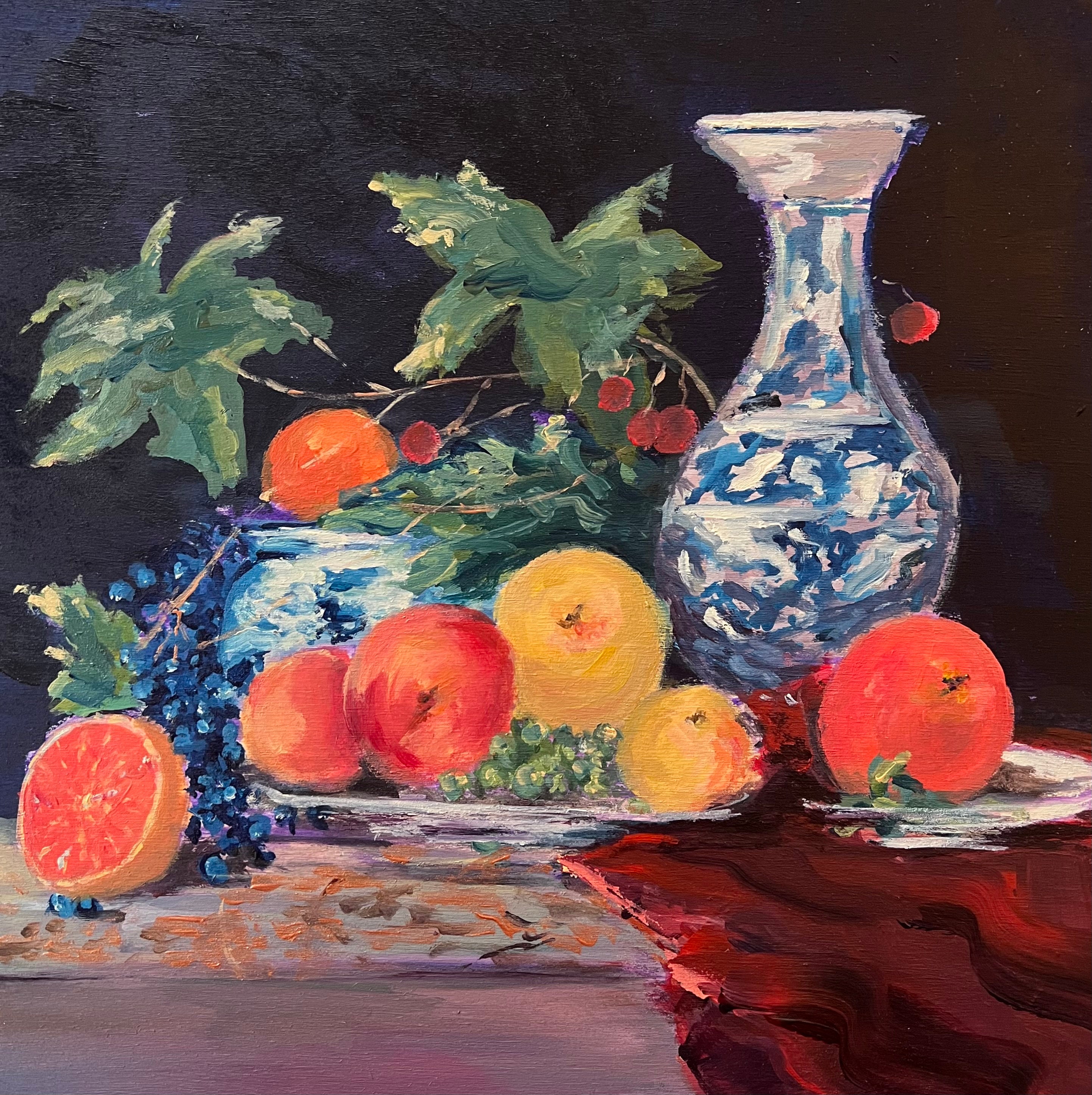 Still Life With Fruit and Ceramics, Original Post-impressionistic ...
