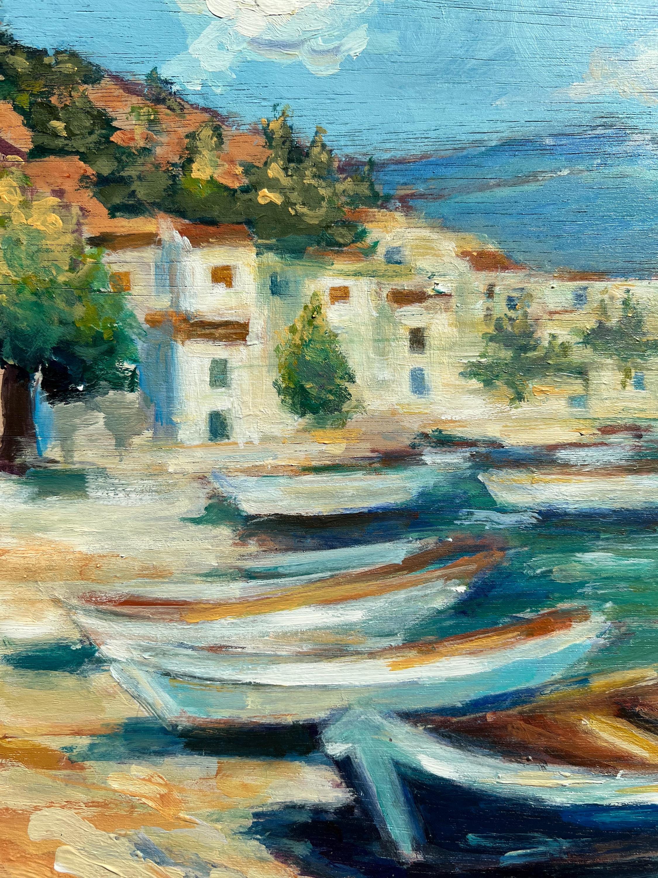 Mediterranean Seascape Painting: Boats in Greece, Acrylic on Wood ...