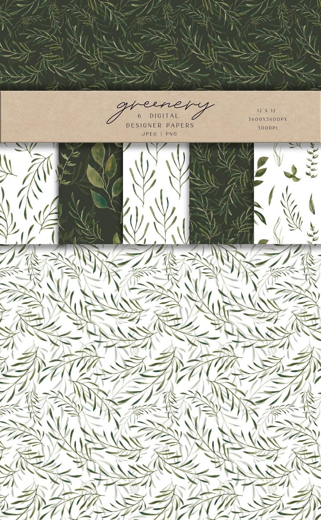 Greenery Watercolor Botanical Digital Paper | Leaf Scrapbook Papers ...