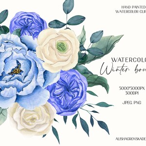 Dusty Blue Flowers Watercolor Clipart. Winter Floral Clipart. Christmas ...