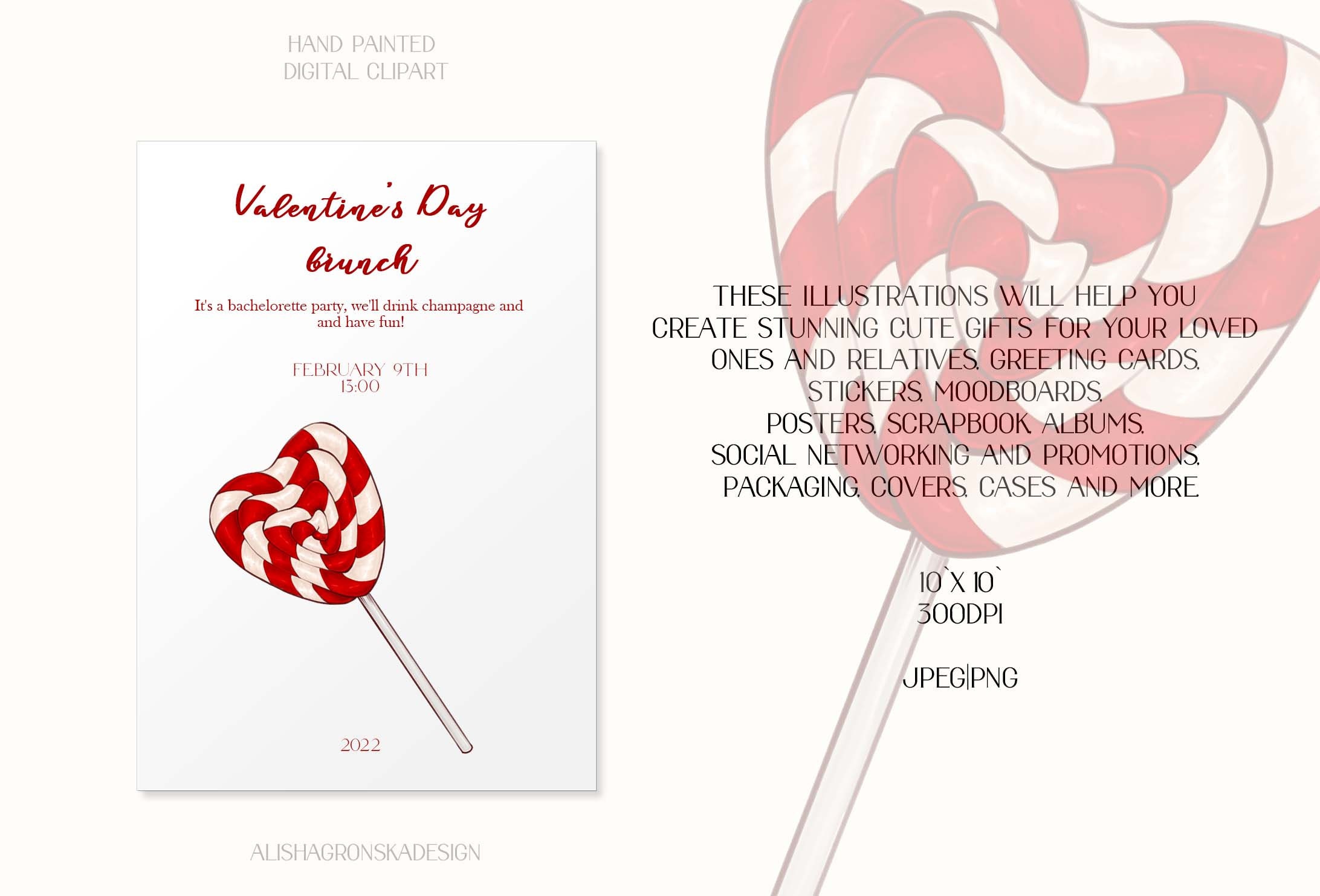 Valentine's Day Sweet Lollipop Clipart, Red Hearts, Love Clipart, Hand ...