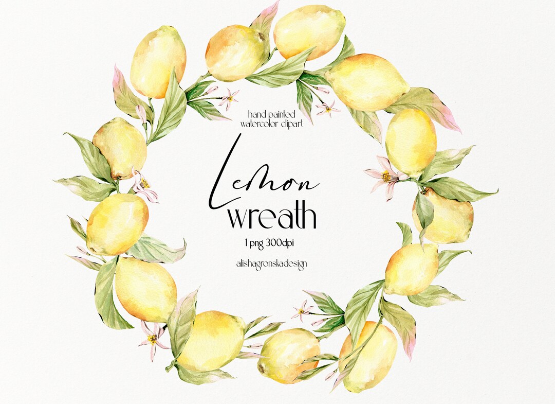 Watercolor Lemon Wreath Clipart - Summer Florals Watercolor Clipart ...