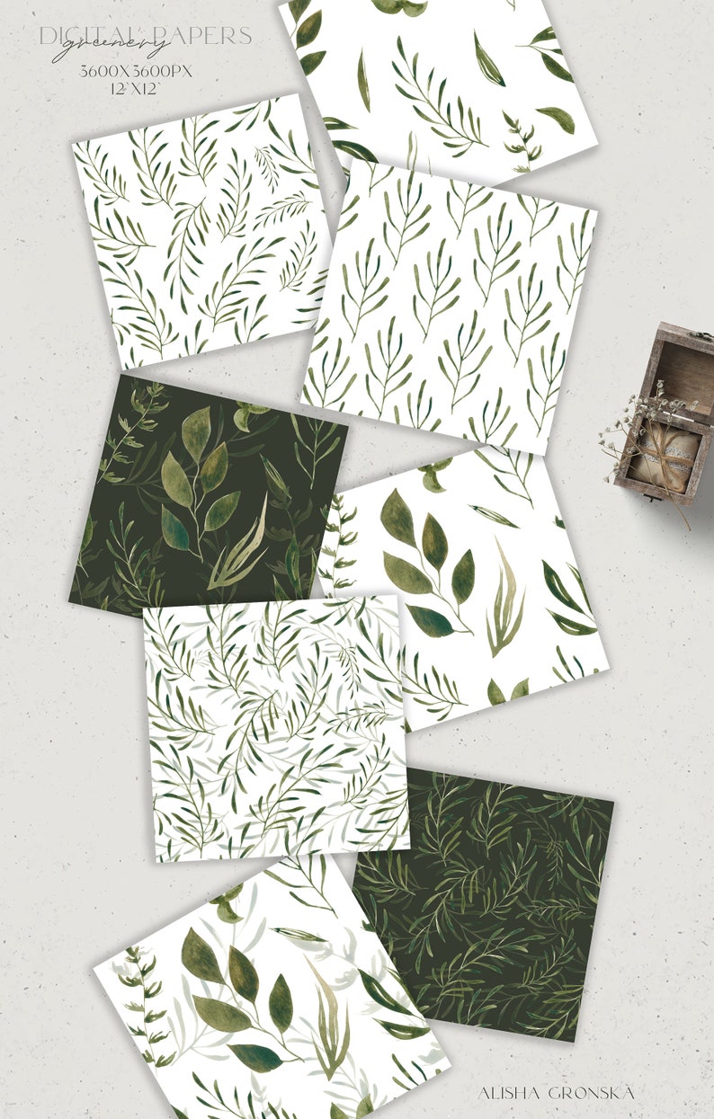 Greenery Watercolor Botanical Digital Paper | Leaf Scrapbook Papers ...
