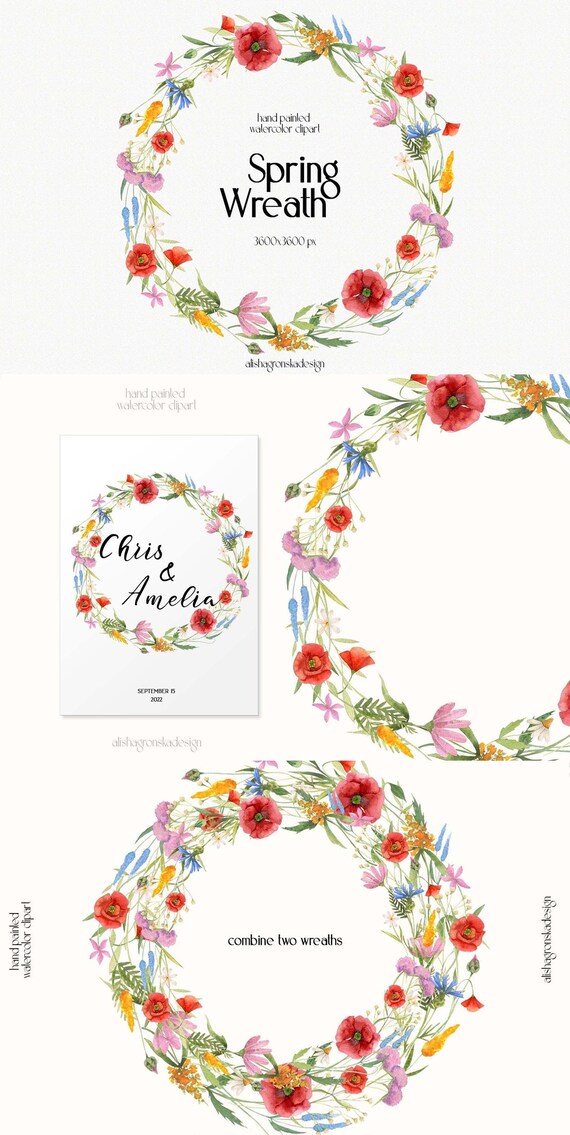 Wildflower Spring Floral Clipart Wreath 1 Meadow Flowers - Etsy