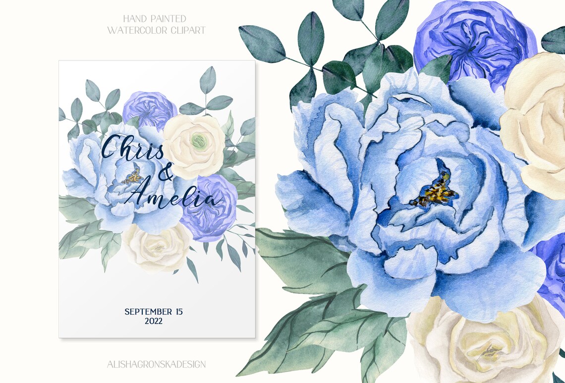 Dusty Blue Flowers Watercolor Clipart. Winter Floral Clipart. Christmas ...