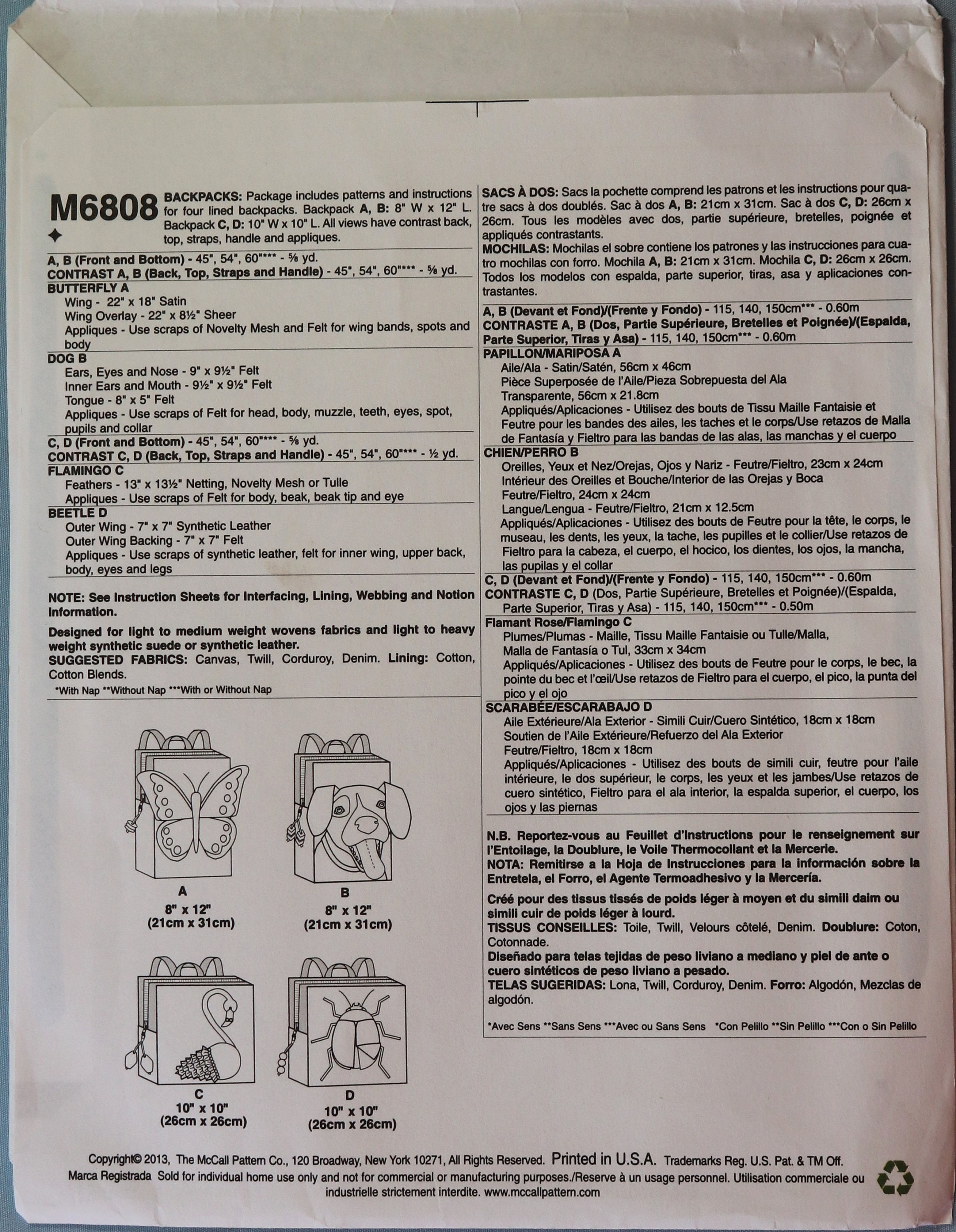 Mccall's 6808. Backpacks Pattern. Childs Butterfly, Puppy, Flamingo ...