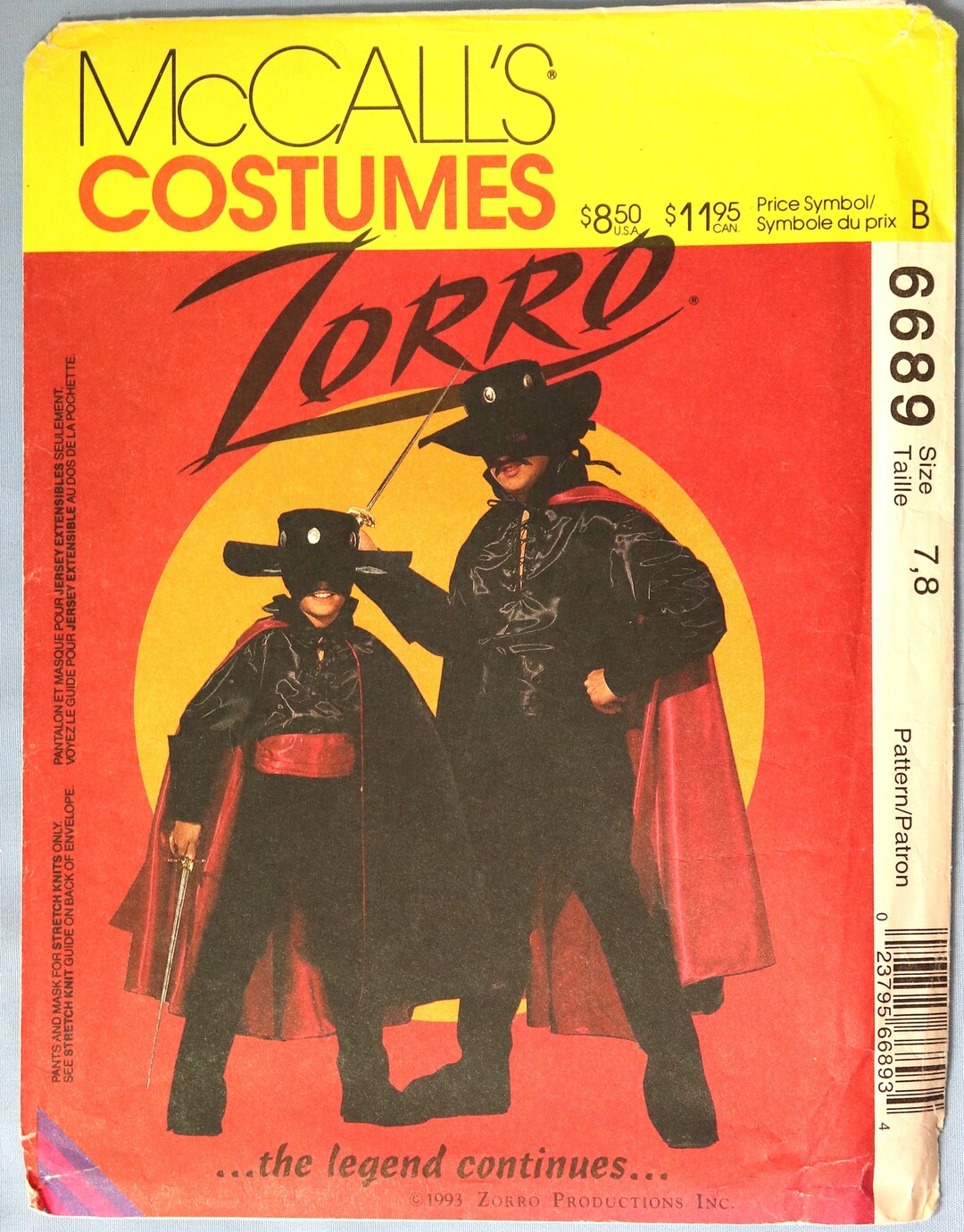Mccall's 6689. Child's Zorro Costume Pattern. Vintage 1993 Zorro Cape ...