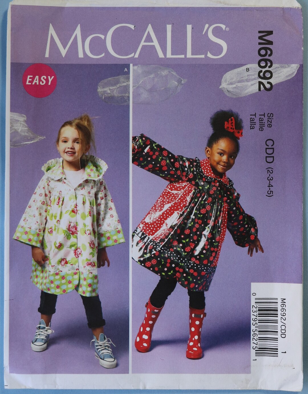 Mccall's 6692. Girl's Coat Pattern. Toddler and Little Girl Unlined Rain Coat Pattern. Hooded or ...