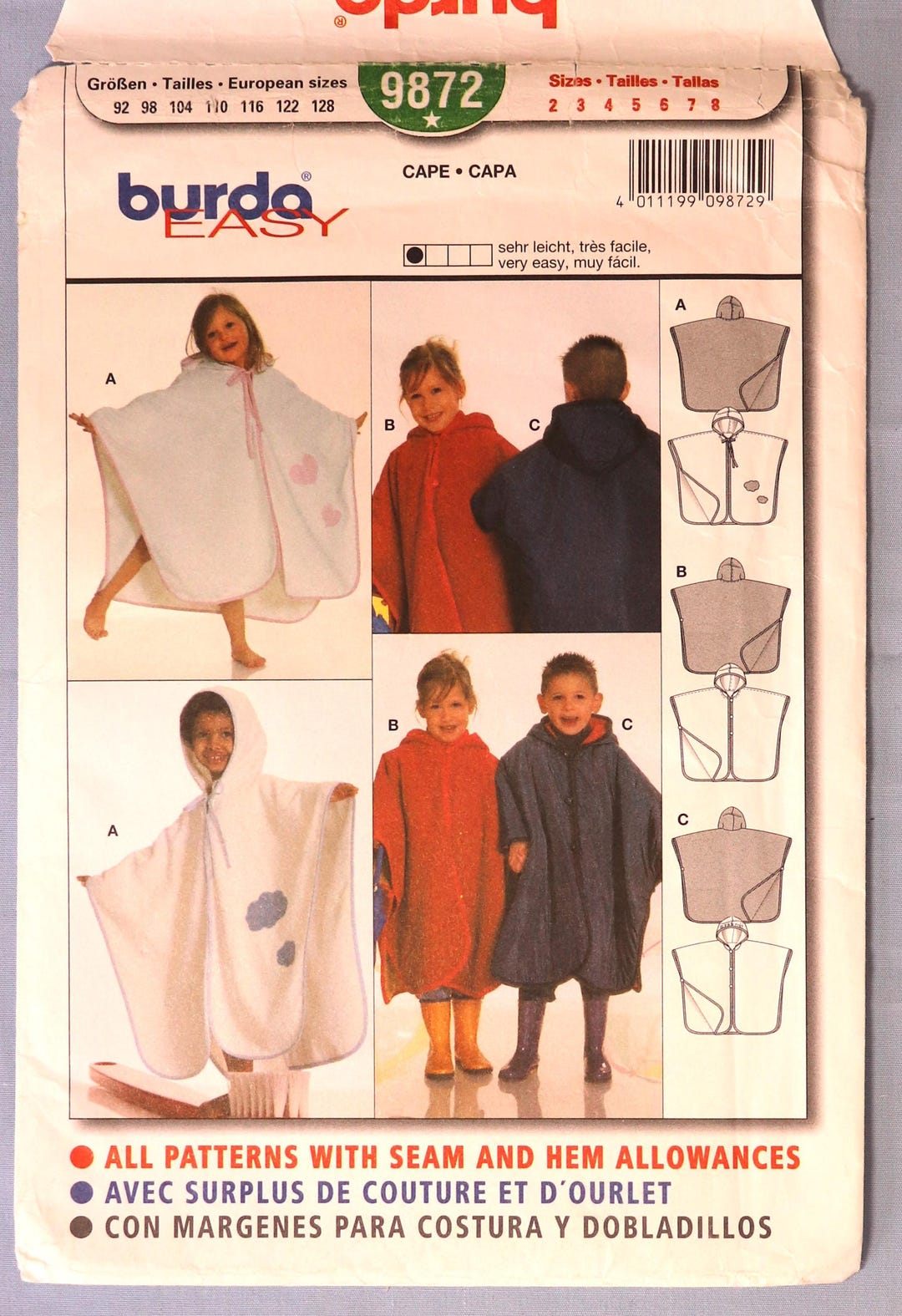 Burda 9872. Child's Poncho Pattern. Rain Poncho Pattern. Hooded Poncho ...