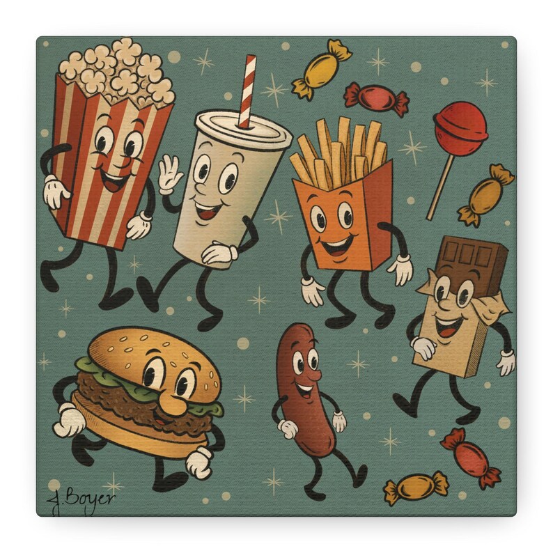 Fun Retro Food Canvas Art, Whimsical Wall Decor, Vintage Snack Themed ...