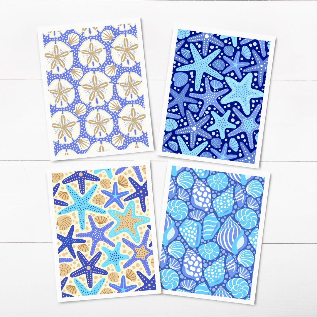 Tropical Shells Assorted Note Card Set, Beach Sand Dollar Pattern, Blue ...