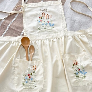 Personalized Natural Embroidered Floral Apron With Lace Trim, Hand Embroidered Apron, Flower ...