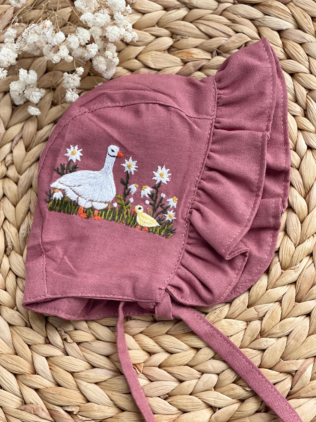 Baby Bonnet With Embroidered Goose in Daisy Garden, Baby Linen Bonnet ...